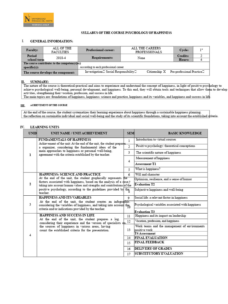 Syllabus Psychology of Happiness | PDF | Happiness | Well Being