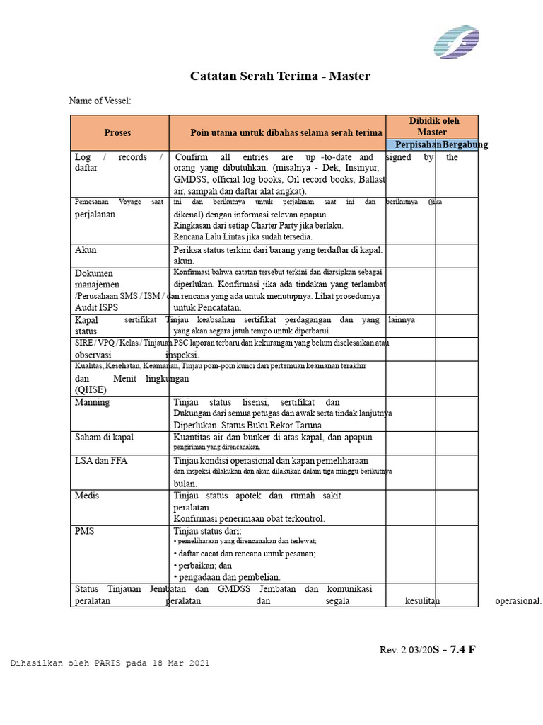 Proses Serah Terima Kapal Master | PDF