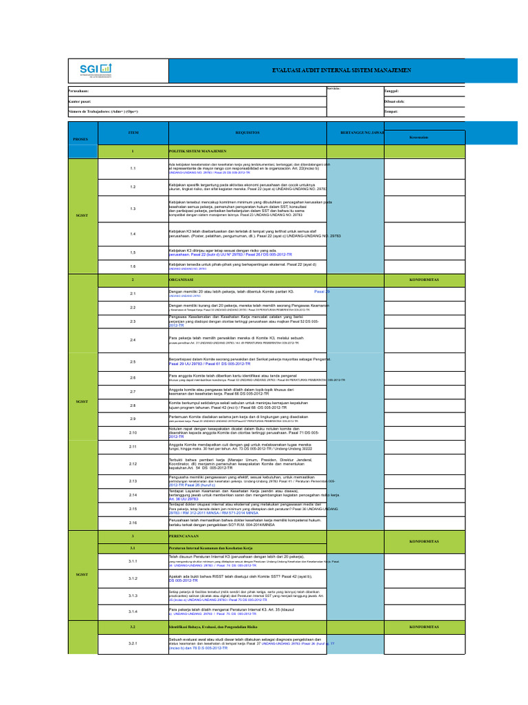 Daftar Periksa Audit Internal SGSST | PDF