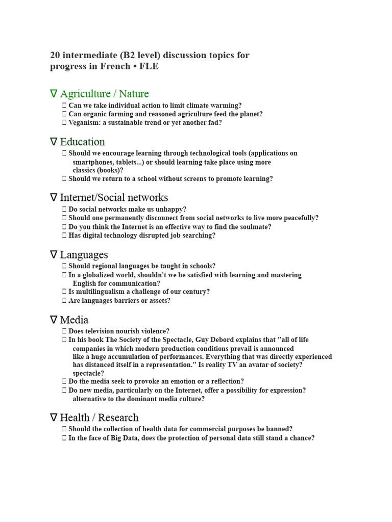 20 Discussion Topics at B2 Level | PDF