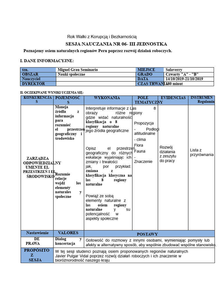 SESJA LEKCYJNA 2º Osiem Naturalnych Regionów Peru | PDF