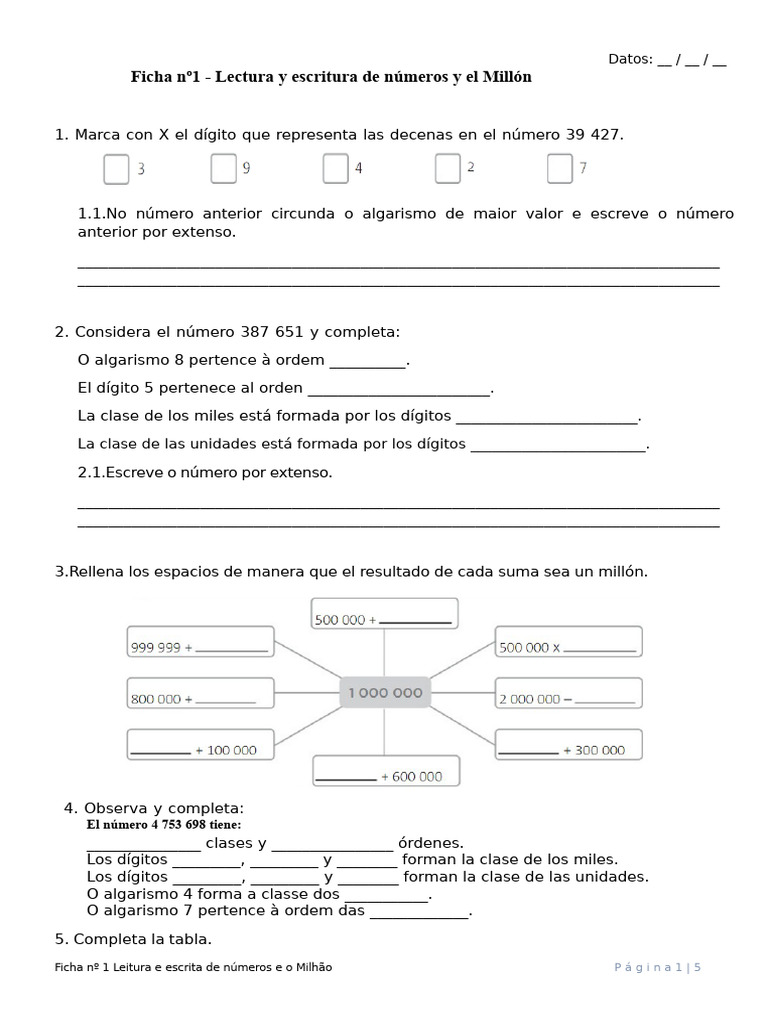 Lectura y Escritura de Números: Ejercicios | PDF | Aritmética ...