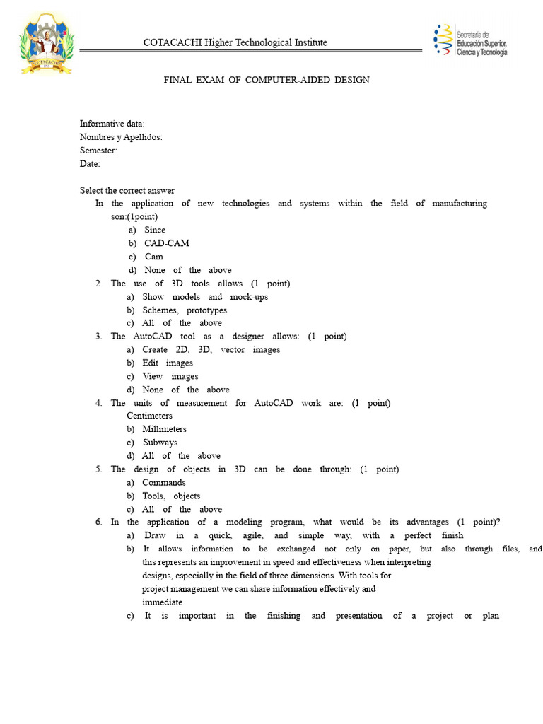 Final Exam of Computer-Aided Design | PDF | Computer Aided Design | 3 D Computer Graphics