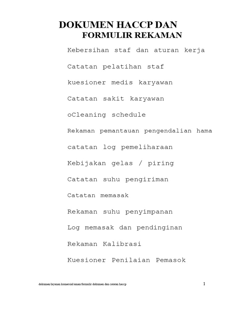 Dokumen dan Formulir Rekaman HACCP | PDF