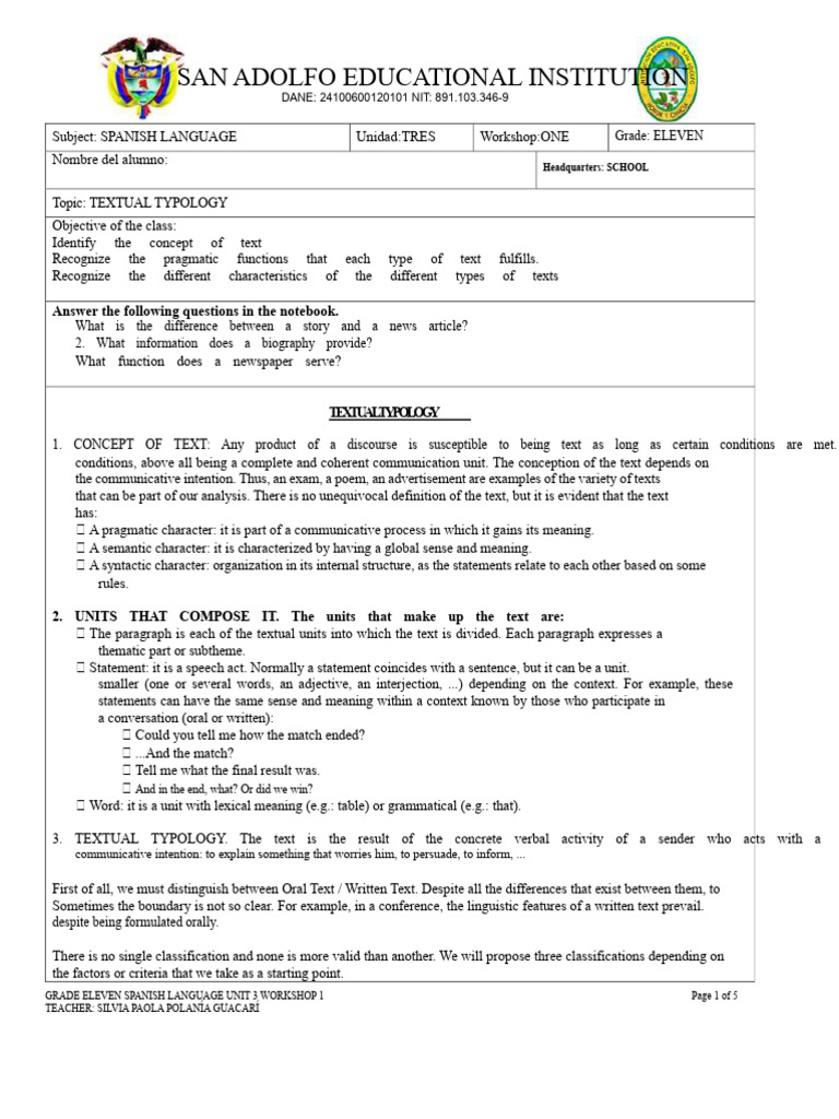 Grade Eleven Spanish Language Unit 3 Workshop 1 | PDF | Semantics ...