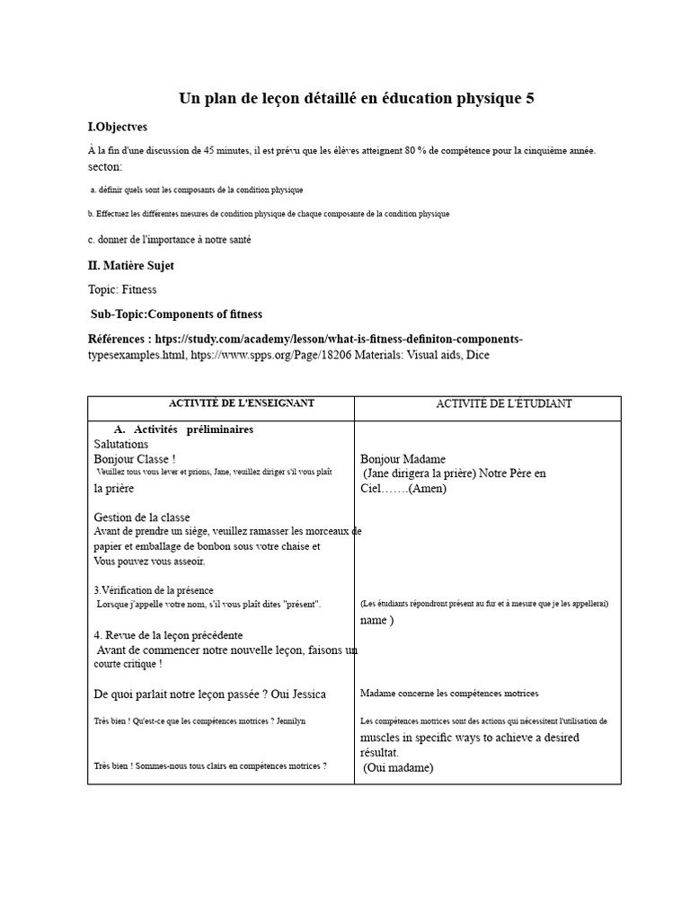 Un Plan de Leçon Détaillé en Éducation Physique 5 | PDF | Muscle ...