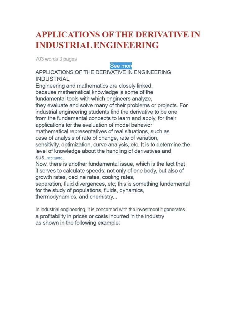 Derivative Applications in Industrial Engineering | PDF