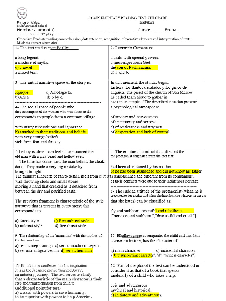 COMPLEMENTARY READING TEST 8th grade 2017 | PDF