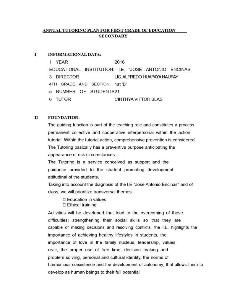 Annual Tutoring Plan For First Grade of Secondary Education | PDF ...