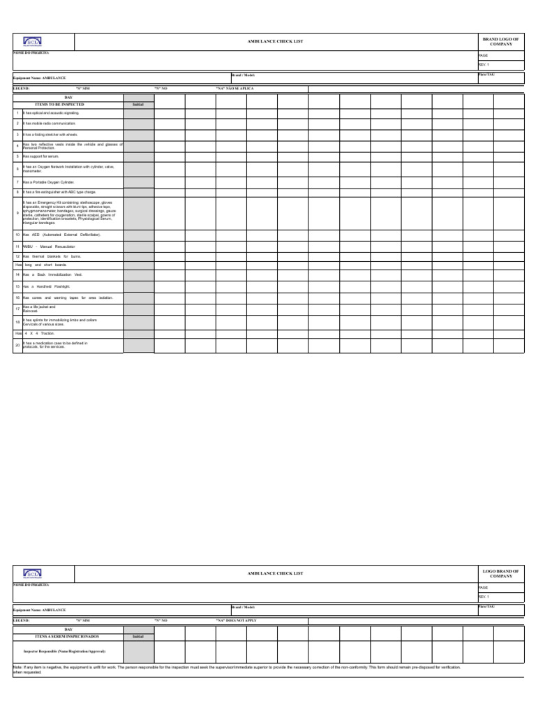 Ambulance Inspection Checklist Guide | PDF | Equipment