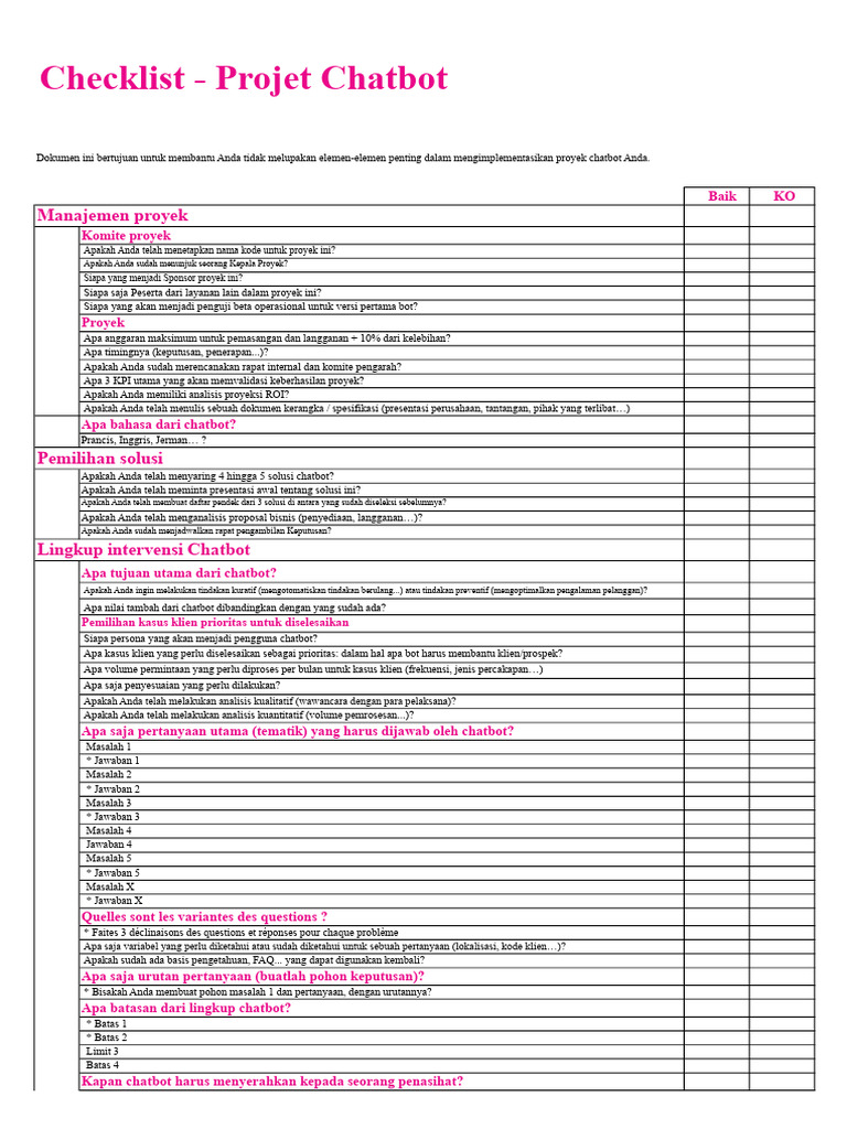 Checklist Implementasi Proyek Chatbot | PDF