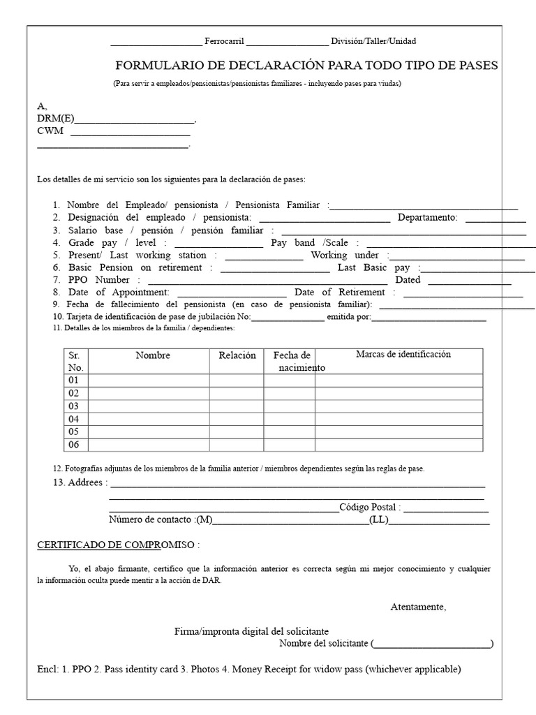Formulario de Declaración para Solicitar PTO y Pase Complementario que debe ser presentado por ...