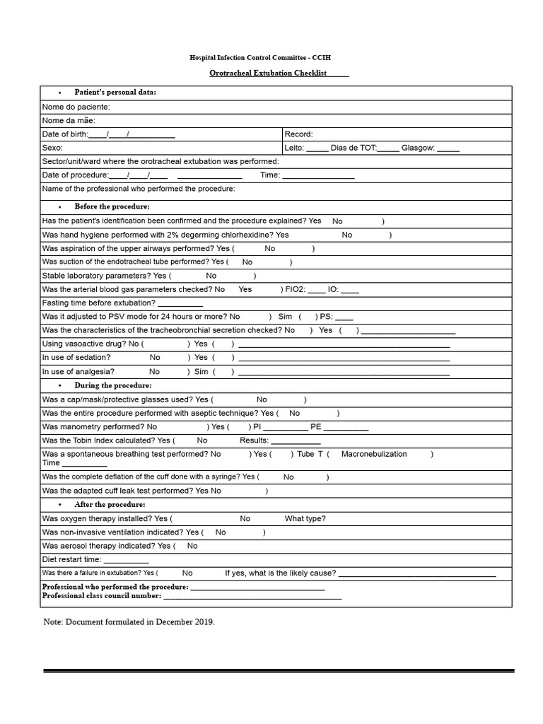 Extubation Checklist (Copy 1) | PDF | Clinical Medicine | Medical ...