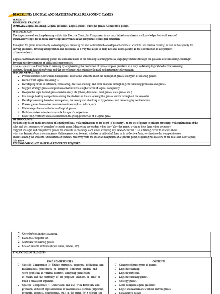 Annual Planning LOGICAL AND MATHEMATICAL REASONING GAMES (2022) | PDF ...
