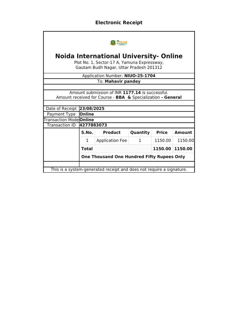 Acknowledgement Receipt NIUO 25 1704 | PDF