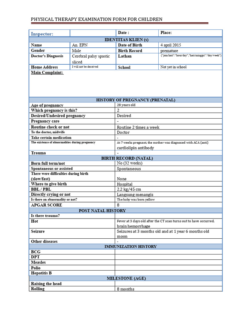 PHYSIOTHERAPY EXAMINATION FORM FOR CHILDREN Feb 18 | PDF | Physical ...