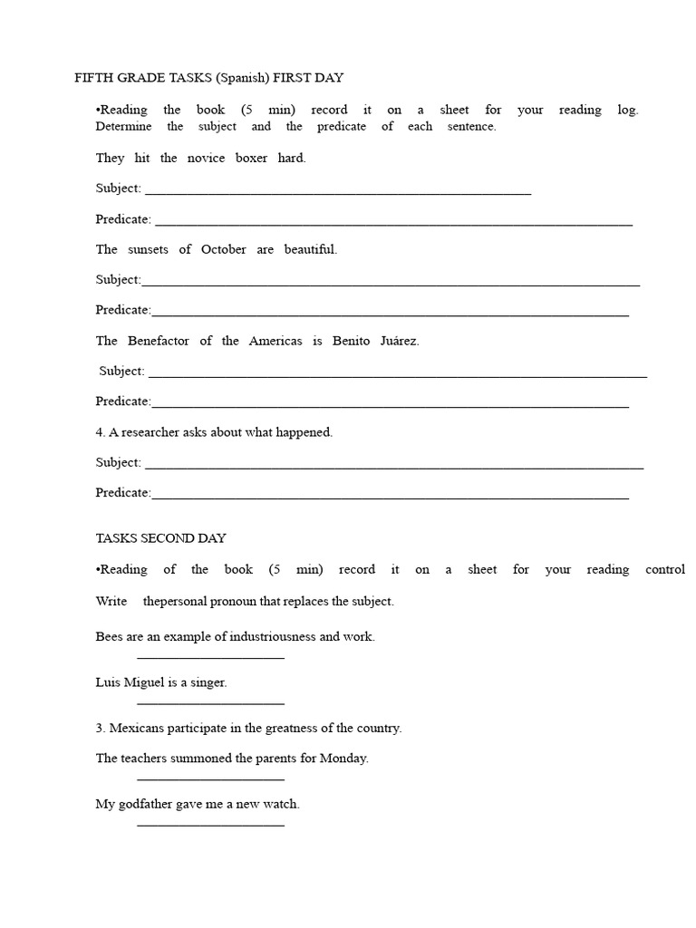 Fifth Grade Spanish Language Tasks | PDF | Subject (Grammar ...