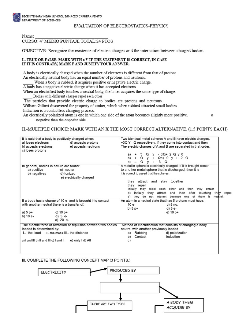 Electrostatics Evaluation for High School | PDF | Electric Charge | Atoms