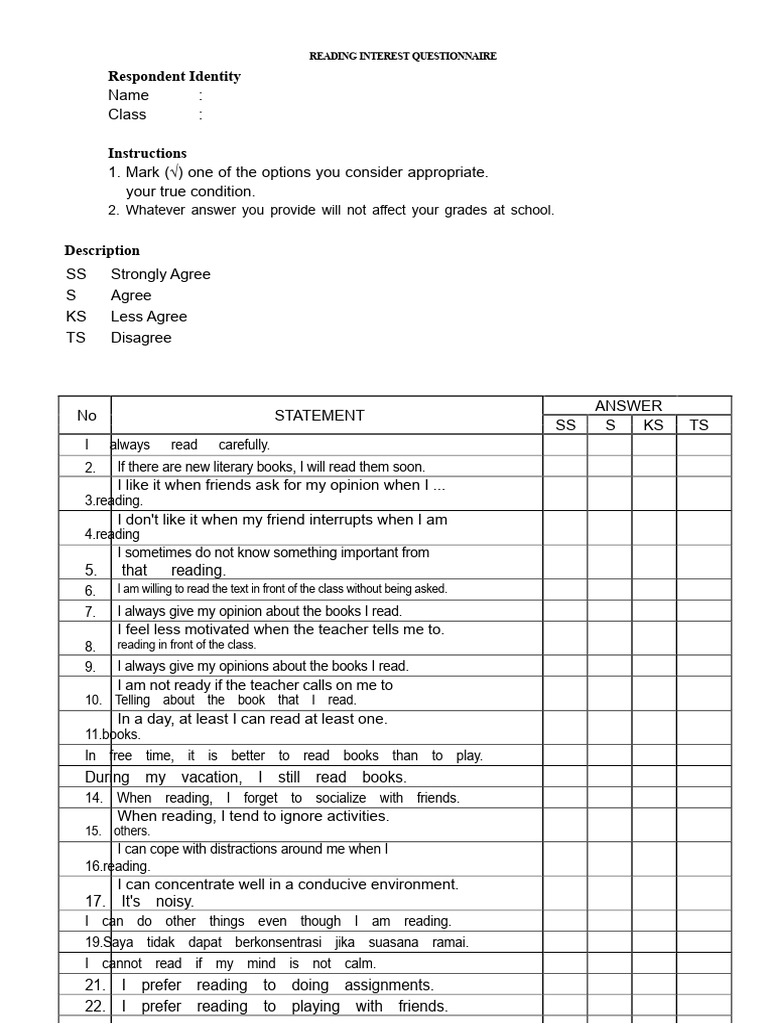 Reading Interest Questionnaire Survey | PDF | Questionnaire | Psychology