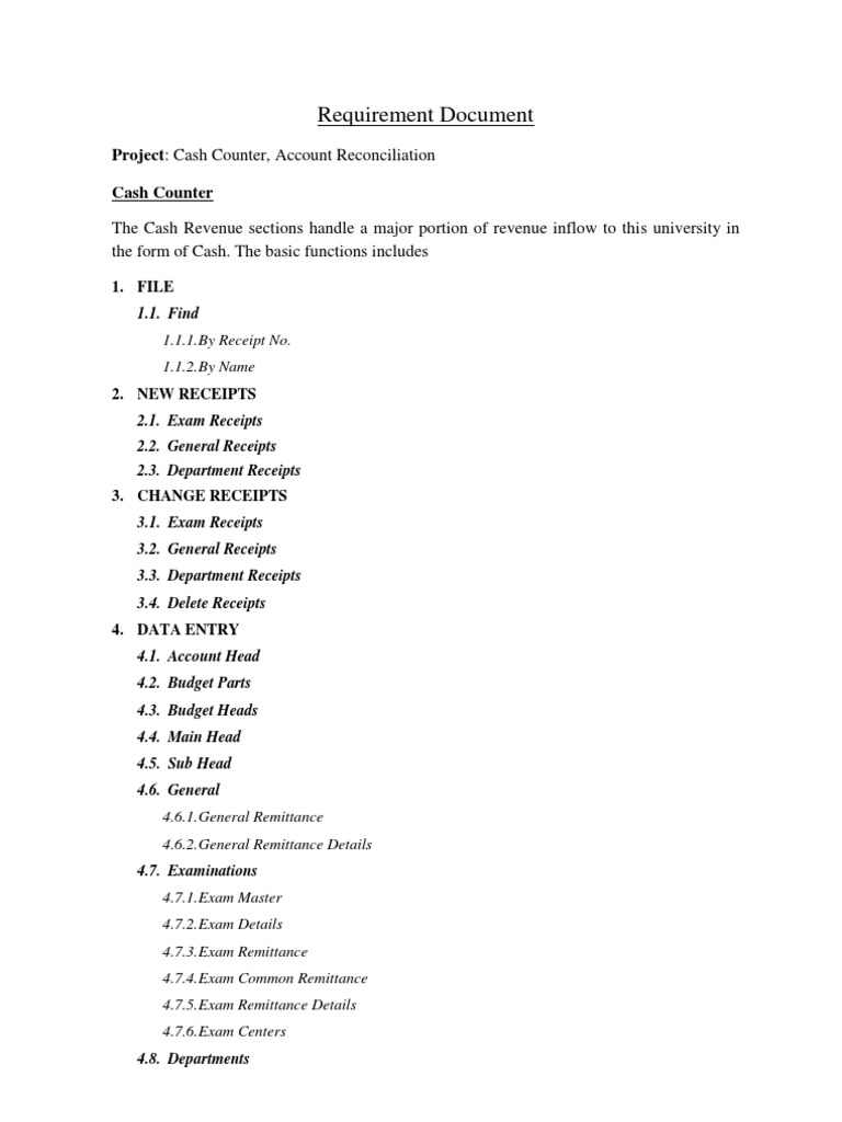Requirement Document: Project: Cash Counter, Account Reconciliation ...