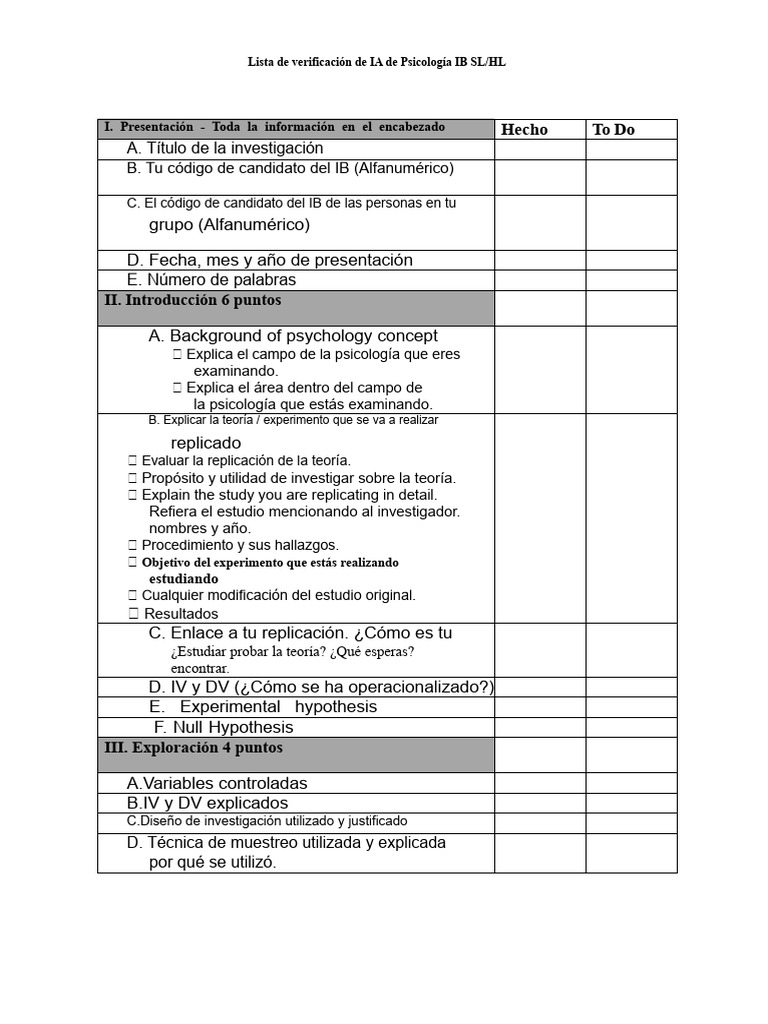 Checklist IA Psicología IB SL/HL | PDF | Experimentar | Estadísticas ...