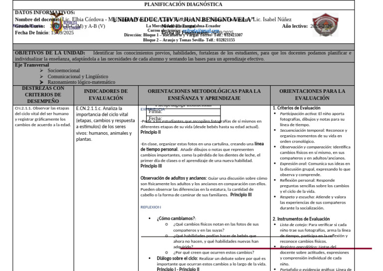 Planificación Diagnóstica 3RO A-B-C 2025-2026 | PDF | Aprendizaje | Vejez