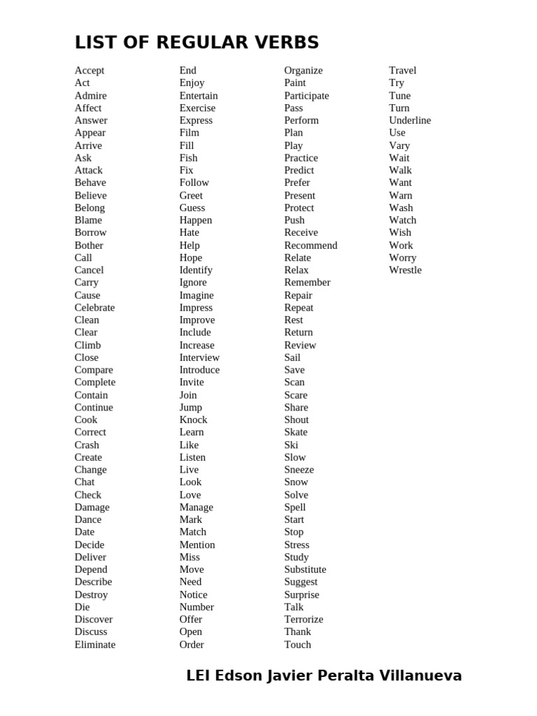 Comprehensive List of Regular Verbs | PDF