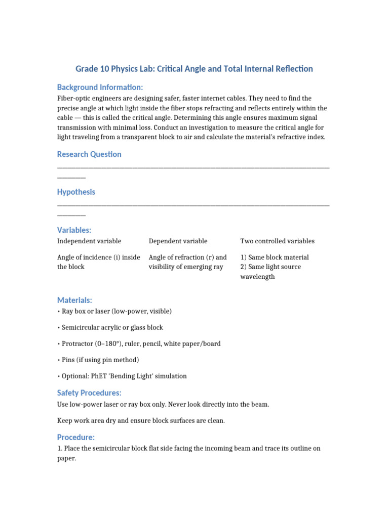 Measuring Critical Angle in Physics Lab | PDF | Refraction | Refractive ...