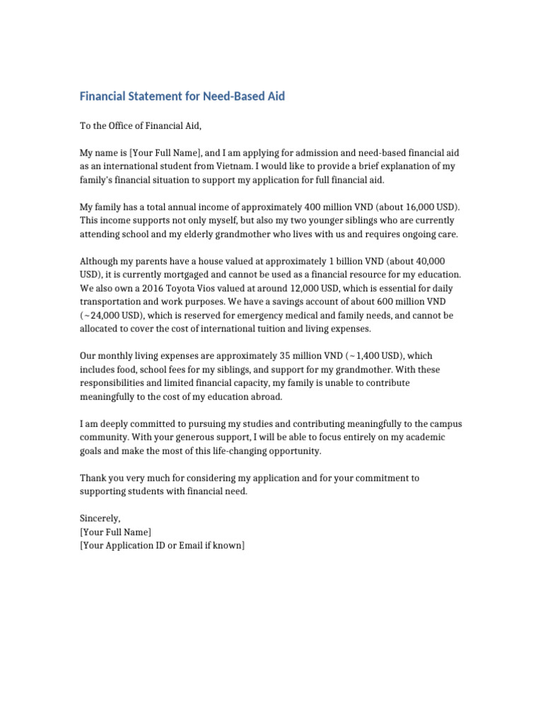 Financial Need Statement for Aid | PDF