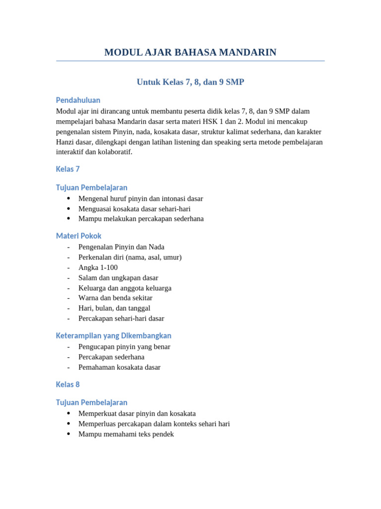 Outline Modul Ajar Bahasa Mandarin | PDF