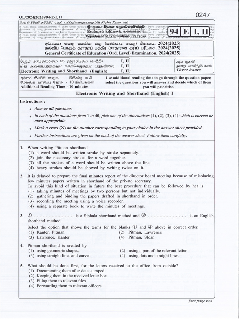 Gce Ordinary Level Exam 2024 Electronic Writing Shorthand Past Papers ...