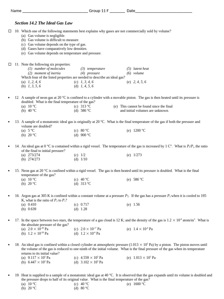 113-114 FA Ideal Gas Law Dalton's Law of Partial Pressure | PDF | Gases ...