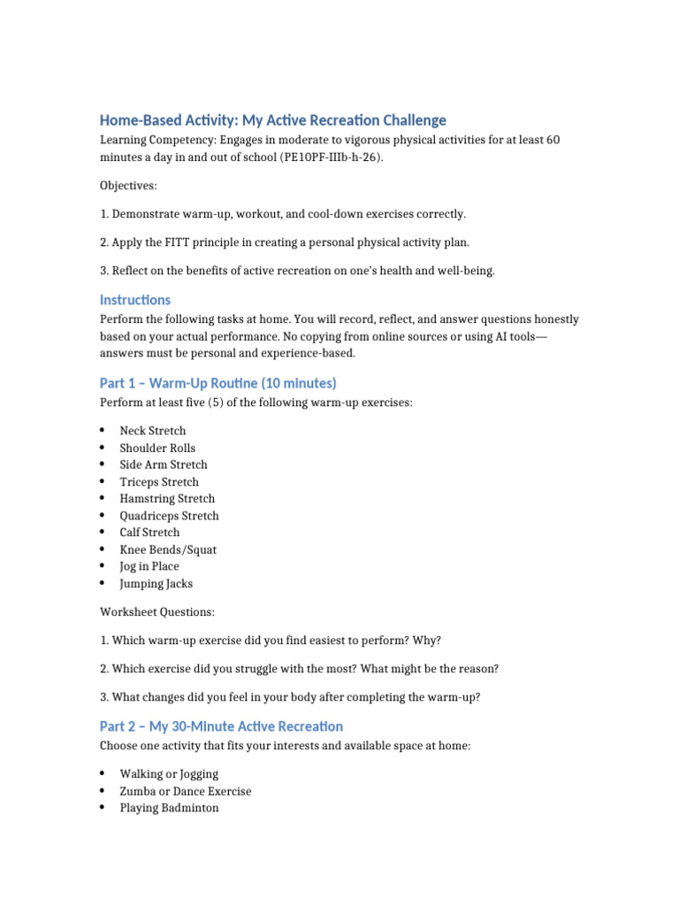Home-Based Activity My Active Recreation Challenge | PDF | Strength ...