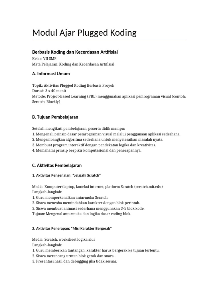 Modul Ajar Plugged Koding Kelas 7 SMP | PDF