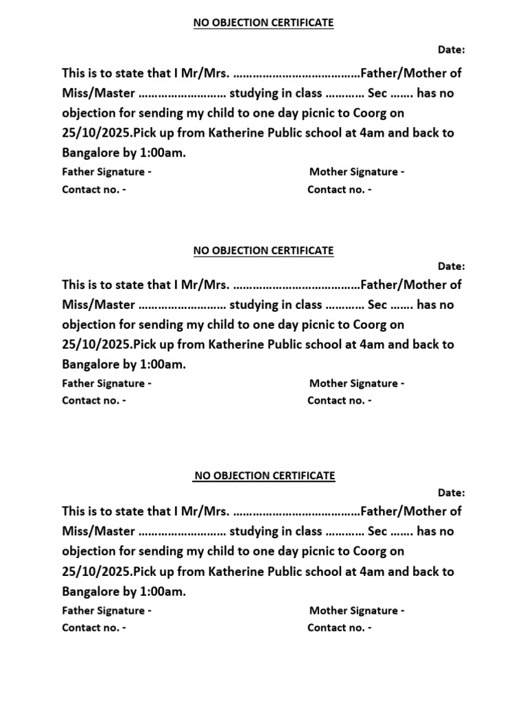 NOC for School Picnic to Coorg | PDF