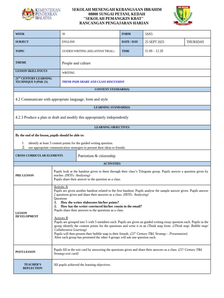 LESSON REVISION Writing GUIDED | PDF | Cognition | Communication