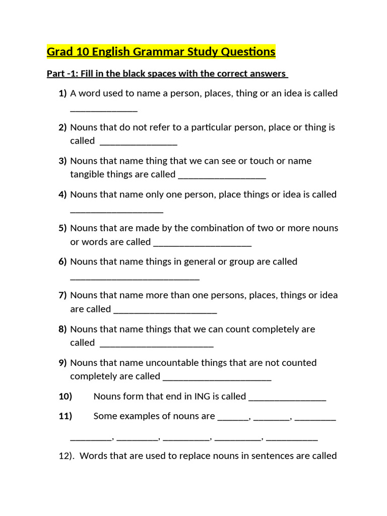 Grade 10 Grammar Study Questions | PDF | Pronoun | Noun