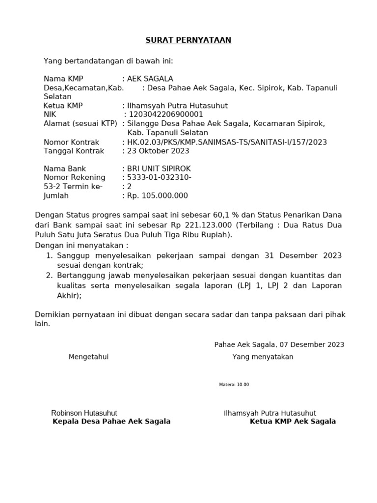 Surat Pernyataan KMP Aek Sagala | PDF