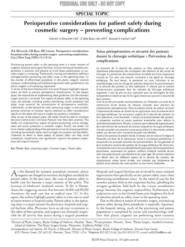 Perioperative Considerations For Patient Safety During Cosmetic Surgery ...