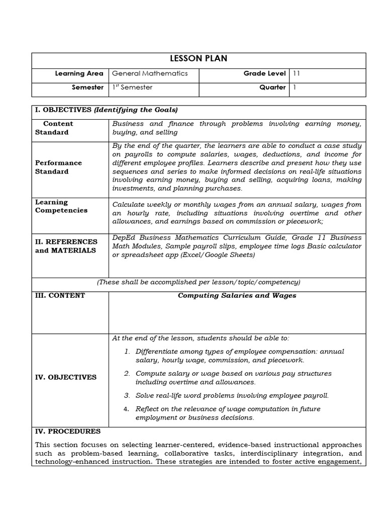Grade 11 Salary Computation Lesson Plan | PDF | Salary | Piece Work