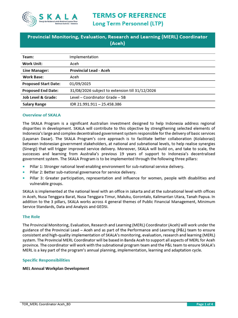 TOR - MERL Coordinator Aceh - BD | PDF | Recruitment | Employment