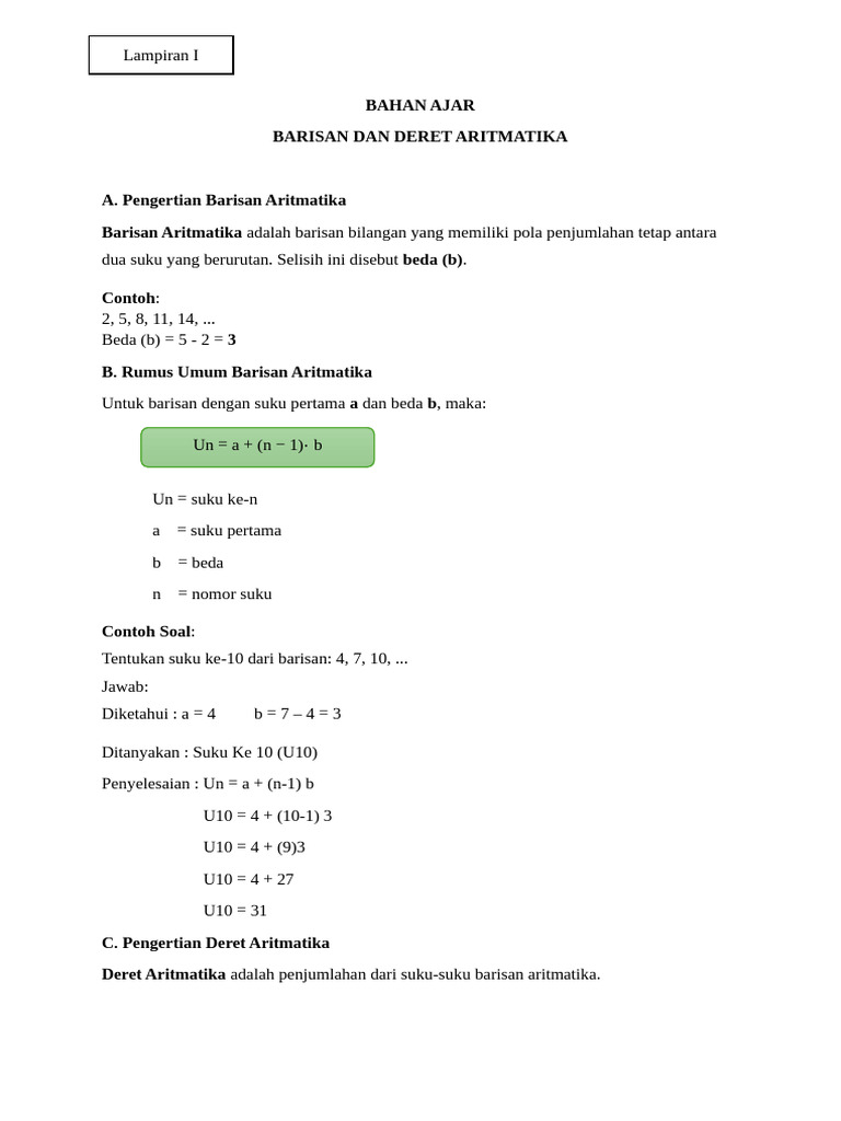 Bahan Ajar Barisan Dan Deret Aritmatika | PDF