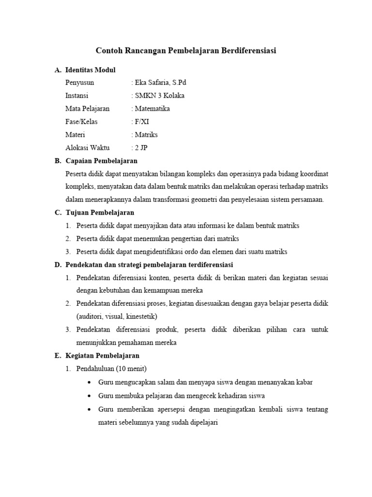 Rancangan Pembelajaran Matematika Matriks | PDF