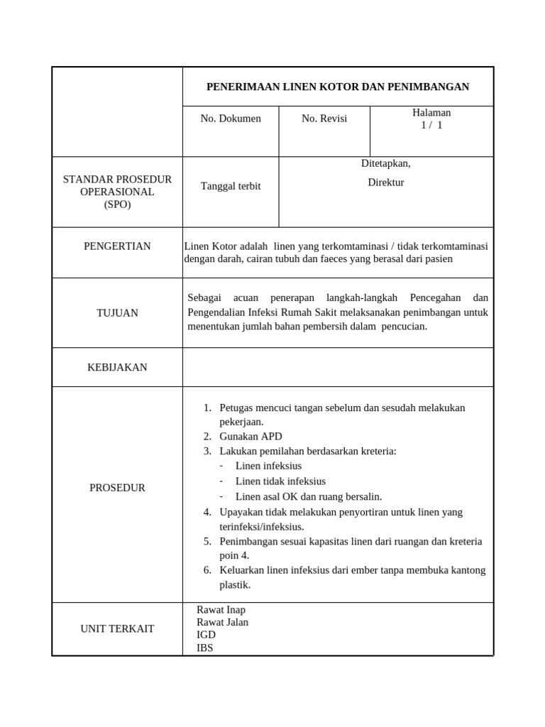Spo Penerimaan Linen Kotor Dan Penimbangan | PDF