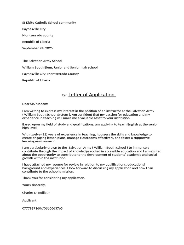 Salvation Army-Application Letter | PDF