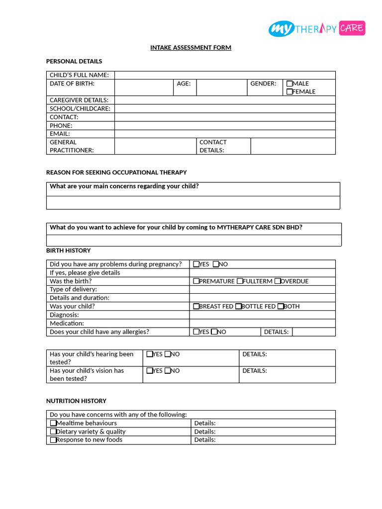 Child Occupational Therapy Intake Form | PDF | Dietitian | Psychology