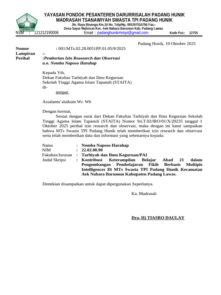 Izin Riset di MTs TPI Padang Hunik | PDF