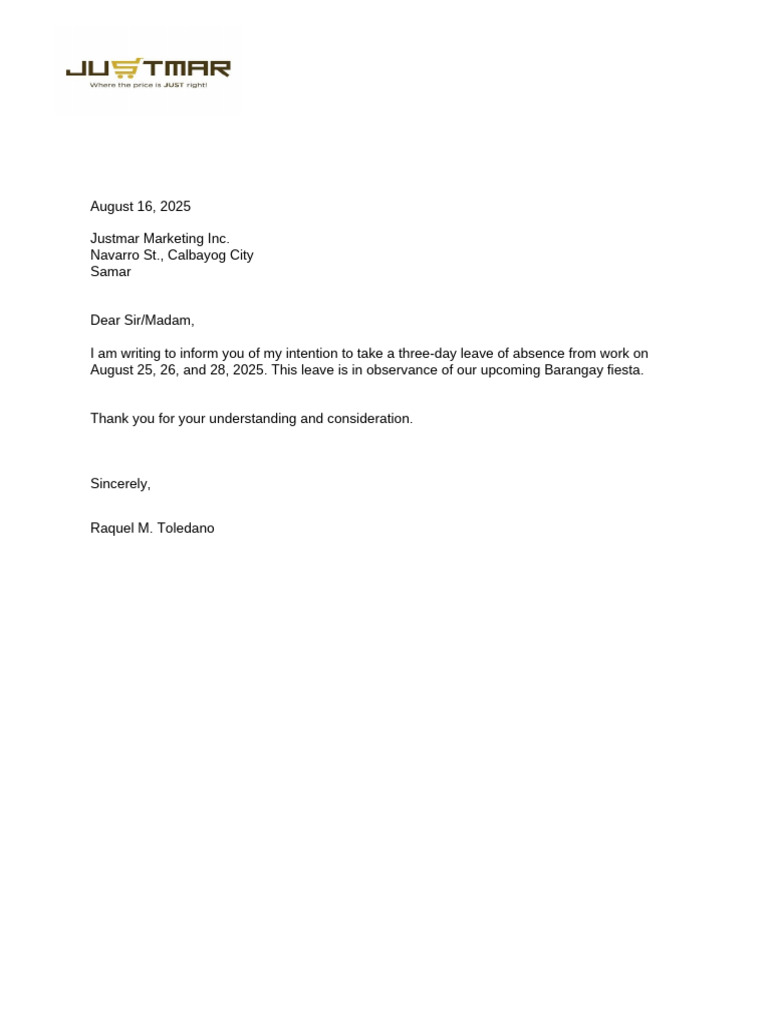 Leave Letter Brgy. Fiesta | PDF