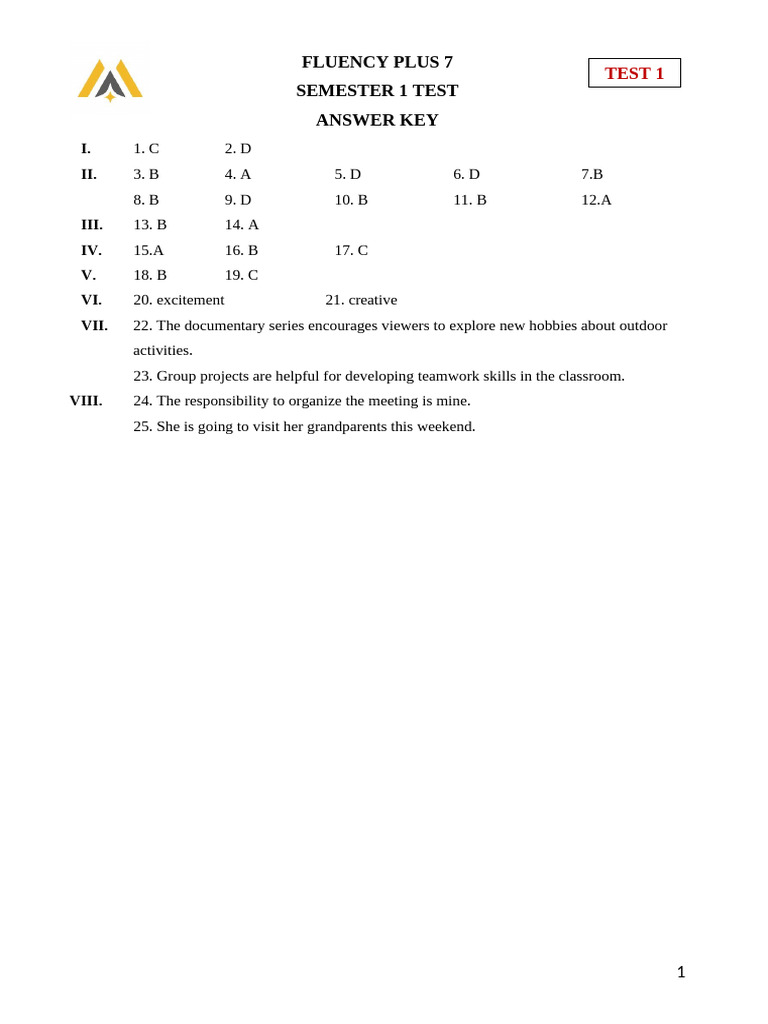 Fluency Plus 7 Semester 1 Test Answers | PDF
