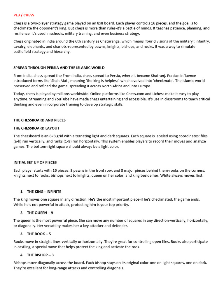 PE3-CHESS (1) | PDF | Chess | Chess Theory
